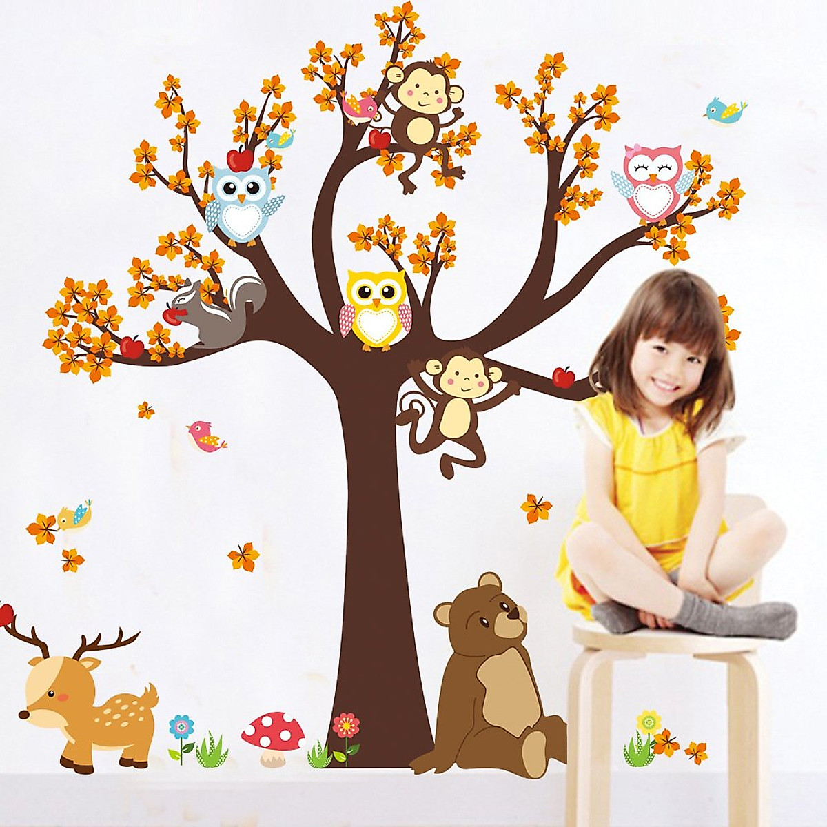 ElecMotive Jungle Wild Animal Vinyl Wall Sticker Decals for Kids Baby Bedroom (Owl Monkey Bear)
