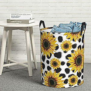 KiuLoam Sunflowers On Cow Print 19.6 Inches Large Storage Basket Collapsible Organizer Bin Laundry Hamper for Nursery Clothes Toys