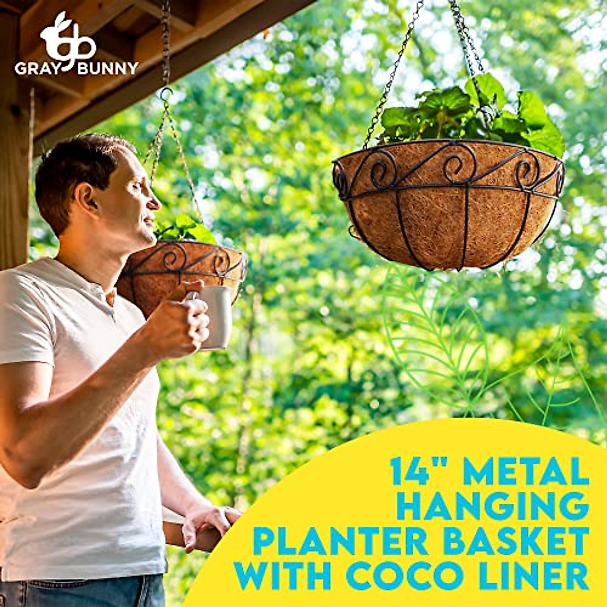 Hanging Planters for Outdoor Plants, 4 Pack 14" Metal Hanging Baskets for Plants Outdoor, Large Hanging Flower Pots for Outside with Coco Liners Outdoor Hanging Planter for Porch Hanging Flower Basket