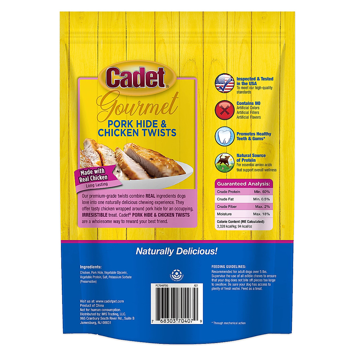 Cadet Gourmet Twists Sticks- Long Lasting & Natural Dog Treats for Large & Small Dogs Pork Hide & Chicken - Inspected & Tested in USA (22 Count)