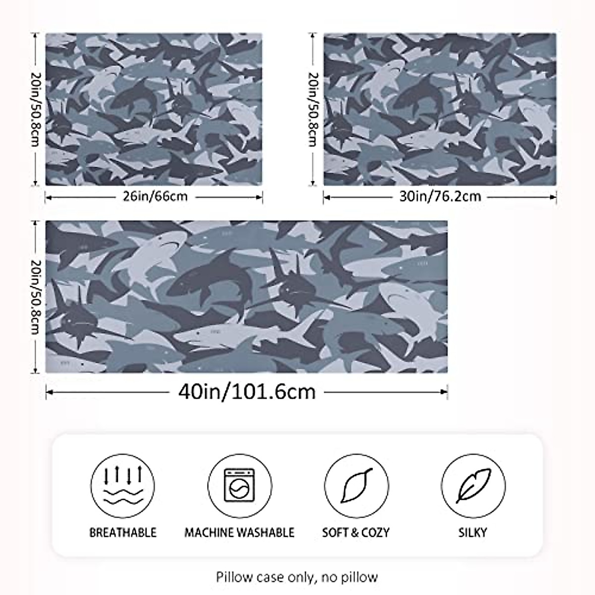 Sharks Camo Pillow Covers Silk Pillowcase for Hair and Skin Breathable & Silky Soft Satin Pillowcase Standard Size Pillow Case for Bedroom Bed Women Boys Girls (20x26 Inch)