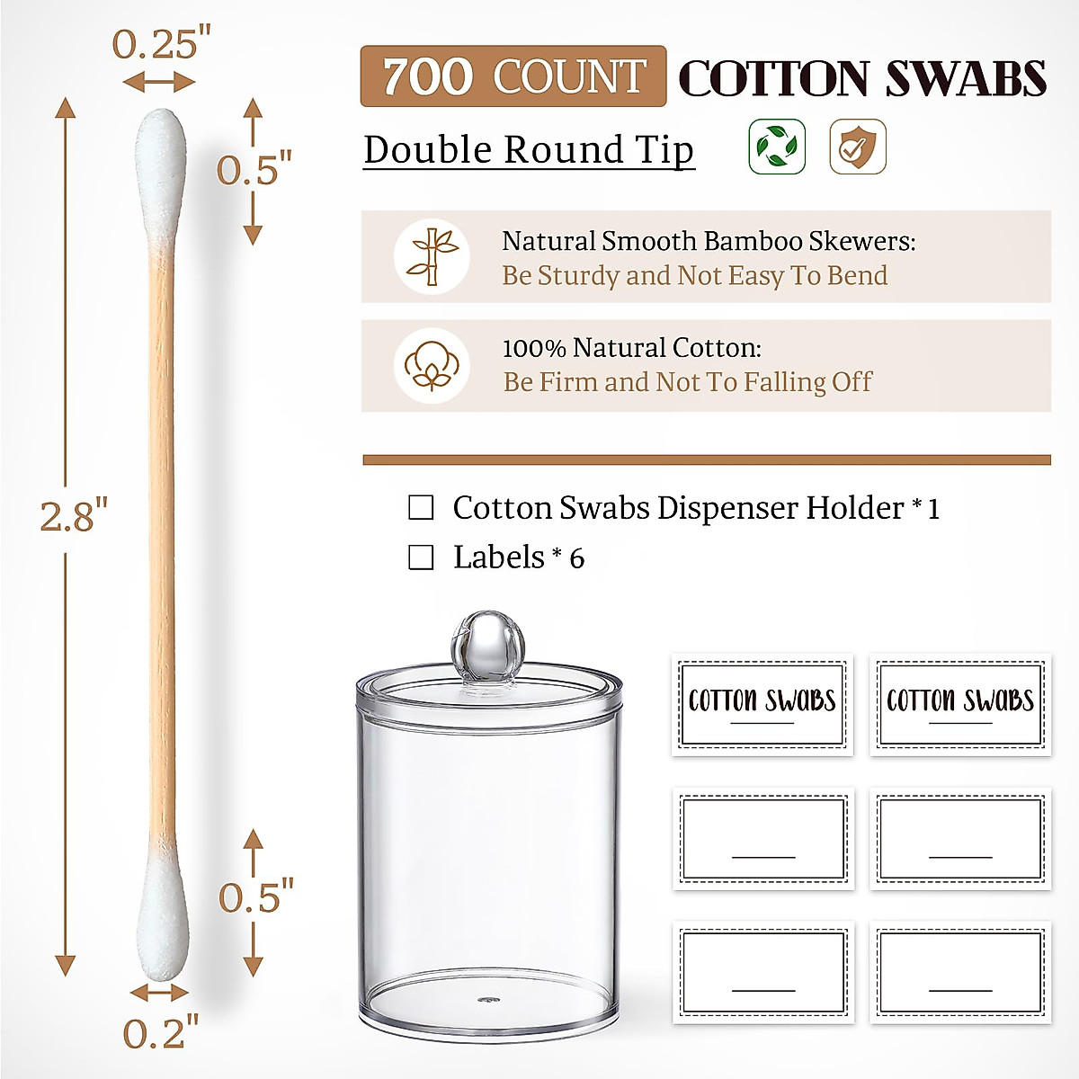 Bamboo Cotton Swabs -700 COUNT - with 1 Clear Storage Holder for Qtips - Biodegradable Eco-Friendly Natural Cotton Buds for Ears, Hygiene, Beauty Care - Round Tips & Thick Cotton & Sturdy Bamboo Stick