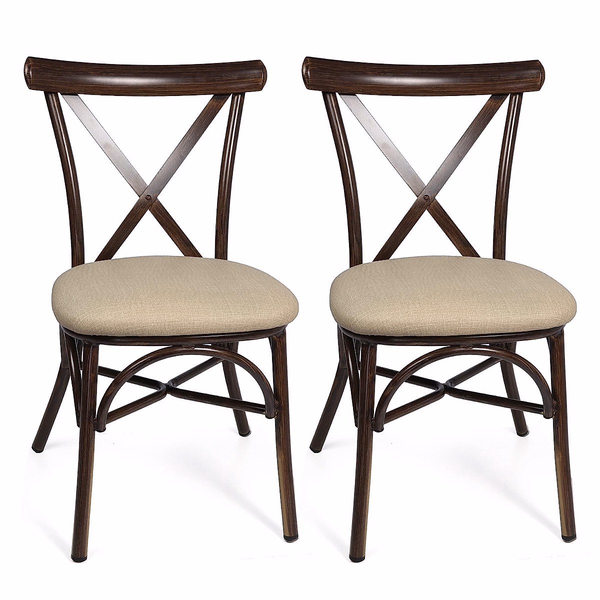 LUCKYERMORE Heavy Duty Aluminum Dining Chair Set of 2, Commercial Stackable Chairs with Sand Beige Soft Cushion, 400 LBS Capacity, for Kitchen, Restaurant, Dining Room, X Back