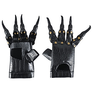 Skeleteen Faux Leather Claw Gloves - Black Lizard Skin Scary Costume Leather Hand Glove Animal Claws for Women and Kids