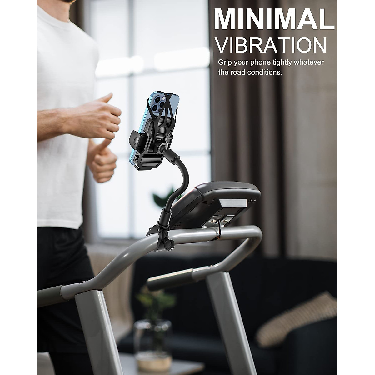 woleyi Gooseneck Spin Bike Phone Mount, Handlebar Clip Cell Phone Holder for Exercise Bicycle, Stationary Cycling, Stroller, Gym Treadmill, Mic Stand, for iPhone 15 Pro Max/14/13/12, 4-7" Smartphone