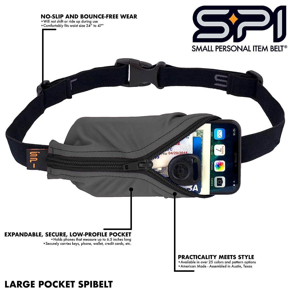 SPIbelt Large Pocket Running Belt for Women Men, Phone Holder for Running, Running Fanny Pack, Holder for Phone, Running Waist Pack, Expandable, Adjustable. Black with Turquoise Zipper