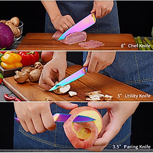 Hollory Rainbow Kitchen Knife Set 3 Piece, Razor Sharp German Stainless Steel Blade with 8 in Chef, 5 in Utility, 3.5 in Paring – Starter Set with Gift Box