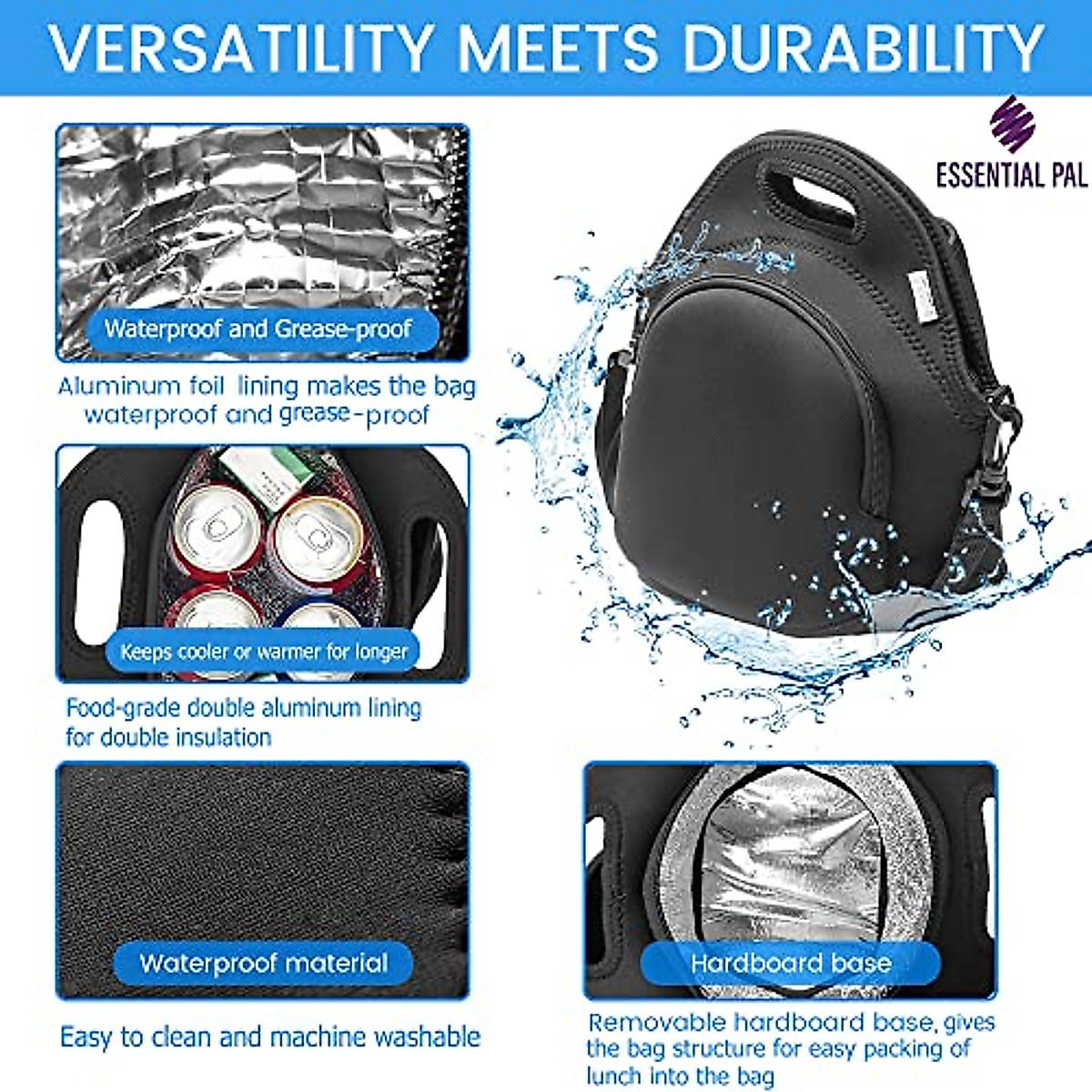 Essential Pal Black Insulated Lunch Bag Tote – Thick, Durable Neoprene Lunch Bags with Double-Layer Insulation & Insulated Bottle Holder – Machine-Washable, Freezable Lunch Bag with Removable Strap