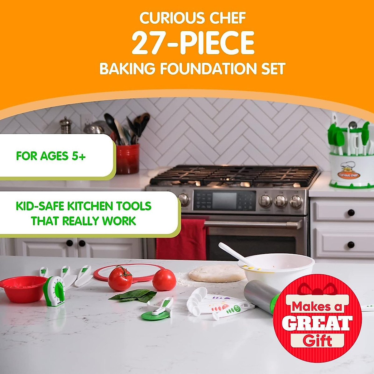 Curious Chef 27-Piece Kitchen Foundation Kit for Kids, includes Real Cooking and Baking Tools, Dishwasher Safe and Made with BPA-Free Plastic