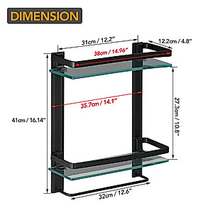 BESy Heavy Duty Lavatory Glass Bathroom Shelf, 2 Tier Tempered Glass Shower Shelves with Towel Bar Wall Mounted, Shower Storage 15 by 5 inches, Matte Black Finish/Aluminum