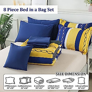 8 Pieces Bed in a Bag Stripe Comforter Set Queen Size,Patchwork Striped Comforter with Sheets Set Soft Microfiber Boho Bedding Sets (Yellow Blue)