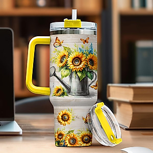 99OWL Cups Tumblers Women Butterfly Coffee Lavender Handle For Yellow, Sunflower Gifts, Tumbler 40 Oz With Handle Lid And Straw, Sunflower Canvas Cover
