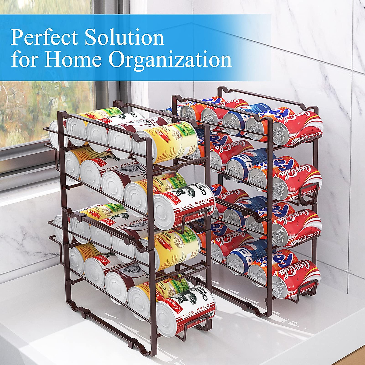 Wisdom Star 2 Pack Soda Can Organizer Rack for Pantry, Stackable Beverage Soda Can Storage Dispenser Holder for Refrigerator, Cabinet, Brown