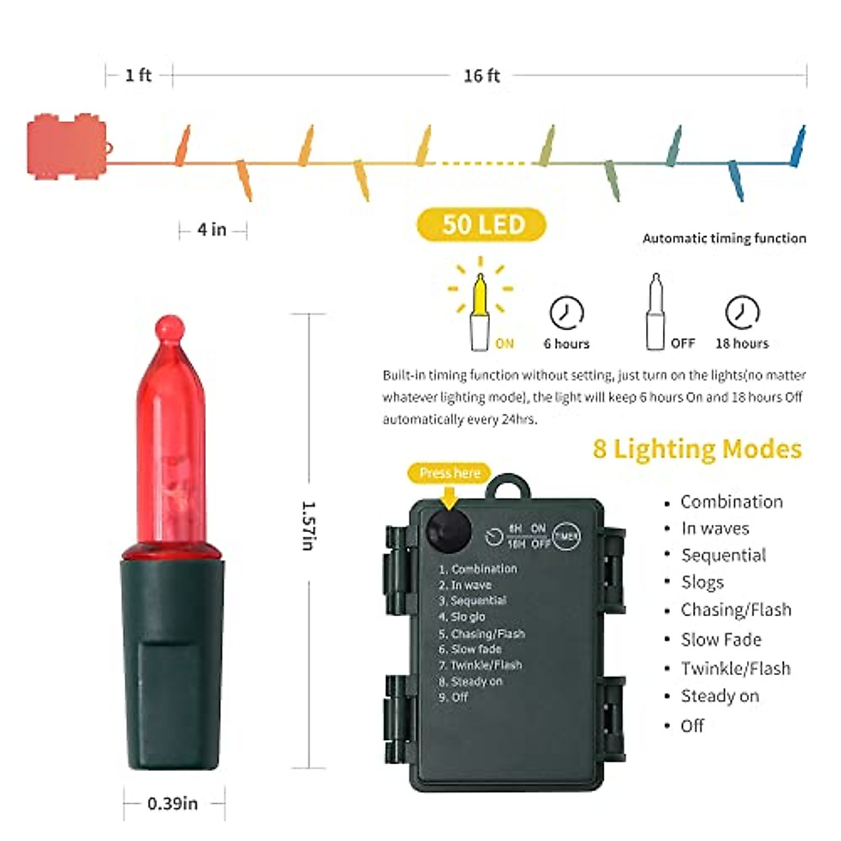 WATERGLIDE 4 Pack 50LED Outdoor Christmas Lights, 16FT Battery Operated Mini String Lights with 8 Modes & Timer, Xmas Tree Lights Waterproof for Patio Garden Party Wedding Holiday Decor, Multicolor