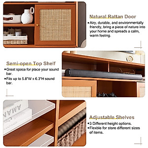 OKD TV Stand for 65+ Inch TV, 32'' Tall Highboy Entertainment Center, Mid Century Modern Media TV Console with Natural Rattan Door, Adjustable Shelves, Boho Television Stand, Cherry