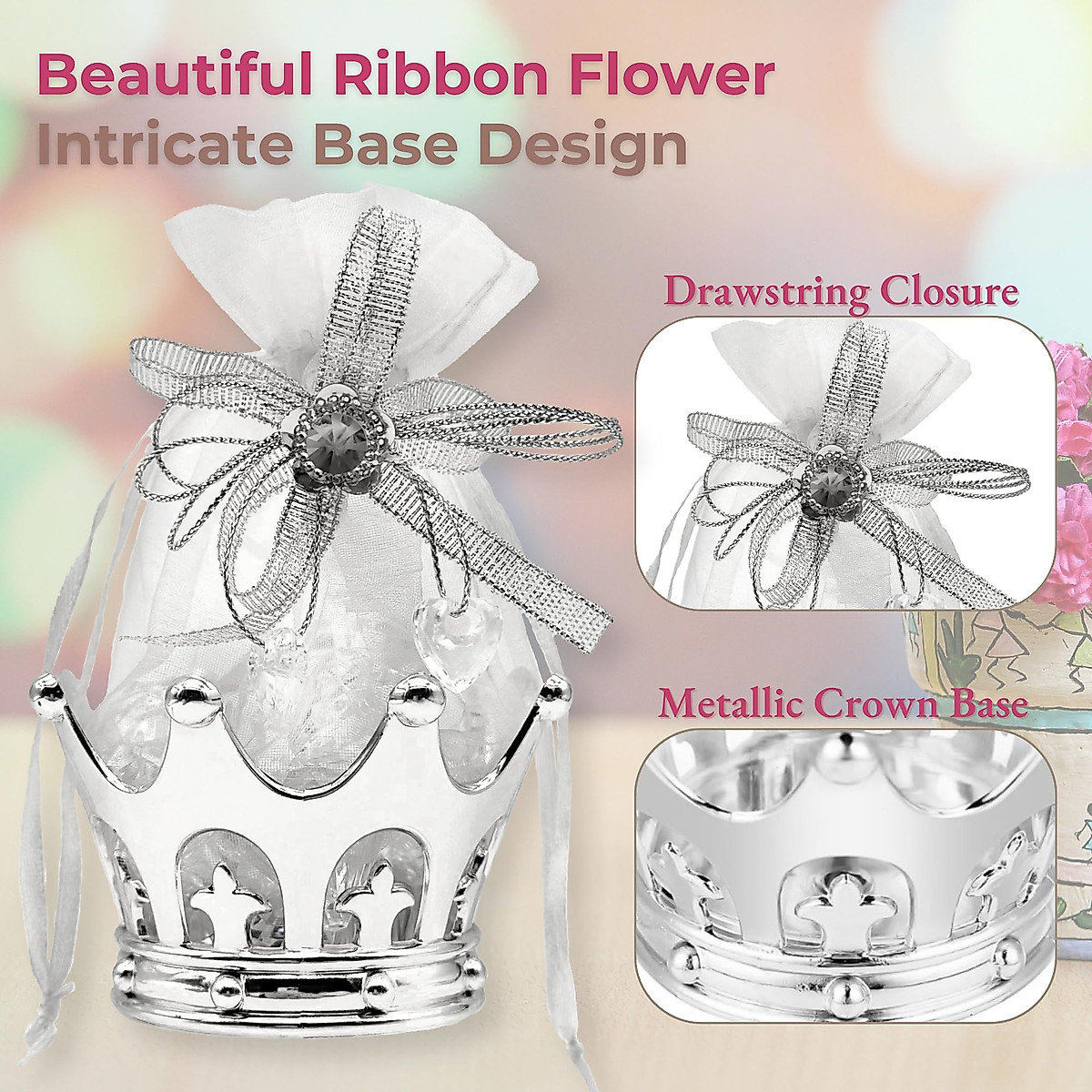 JC HUMMINGBIRD JCHB 24 Pieces Fillable Silver Crown with Pouch Party Favors