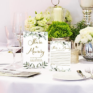 50 Pcs Share a Memory Cards and Greenery Place Cards Seating Place Cards Greenery Eucalyptus for Graduation, Wedding, Bridal Shower, Birthday Party, Celebration Anniversary, Funeral (Gold Font)