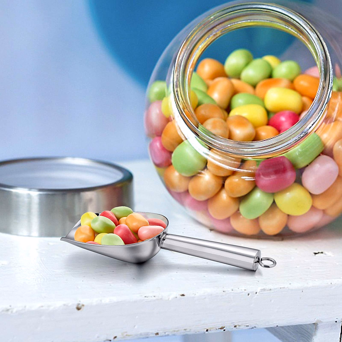 E-far Mini Ice Scoop Set of 2, 3 Ounce Stainless Steel Scoops for Ice Cube/Candy/Flour/Sugar, Metal Utility Scoops for Canisters, Baking, Kitchen Pantry, Rust Proof & Dishwasher Safe