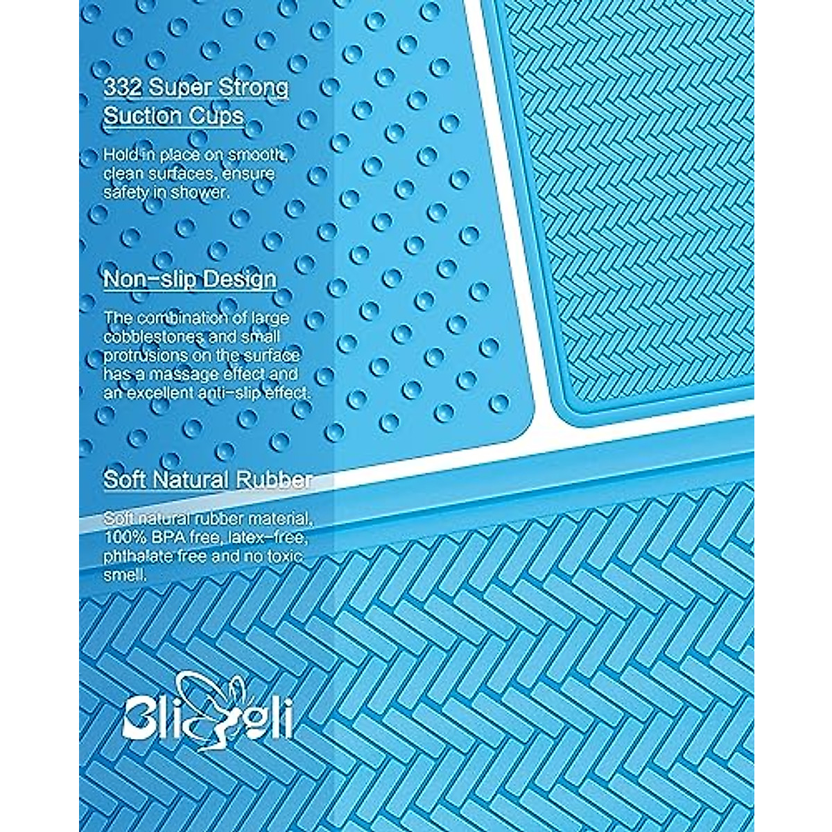 Bligli Non Slip Bathtub Mat, 16.9x36 inches Extra Large Bath Mats with Strong Suction Cups, Soft Rubber Shower Stall Mat for Bathroom, Durable and Machine Washable (Blue)
