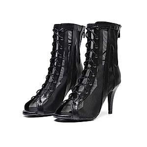 Goettin open toe dance boots sexy black microfiber net 8.5cm high heel dance shoes women (7.5)