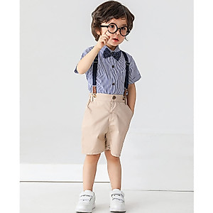 Baby Boys Gentleman Outfits Suits, Infant Blue Shirt+Bib Shorts+Tie+Suspenders Clothing Set,3-6M