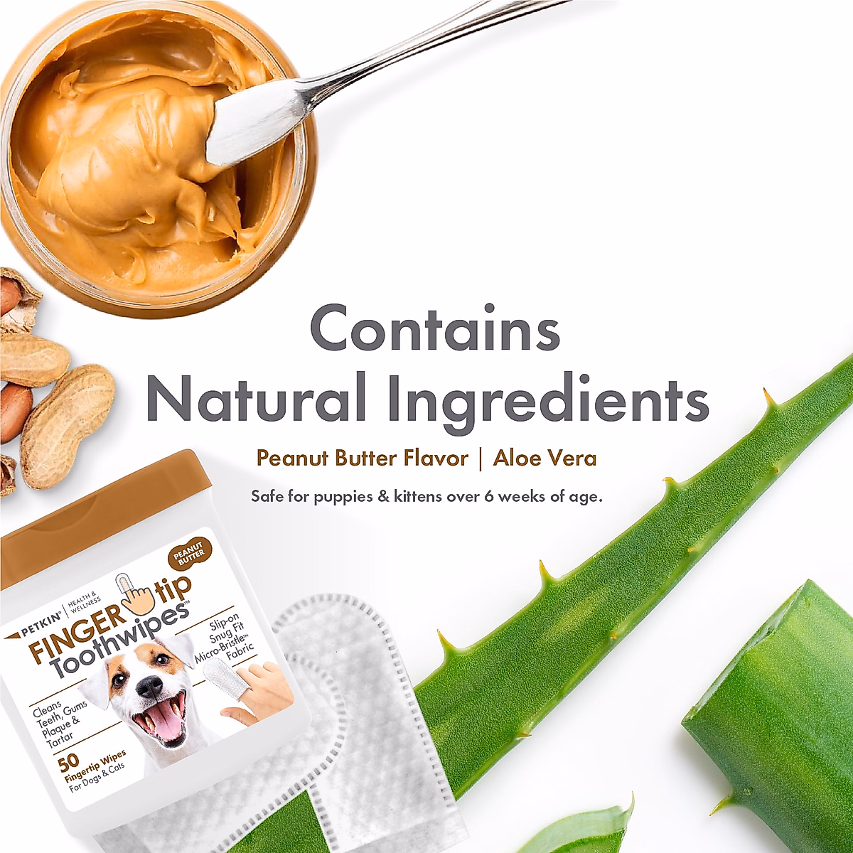 Petkin Fingertip Tooth Wipes for Dogs and Cats, 50 Finger Wipes - Slip-On, Snug Fit, Micro-Bristle Fabric - Cleans Teeth, Gums, Plaque & Tartar - Convenient, Ideal for Home and Travel - Peanut Butter