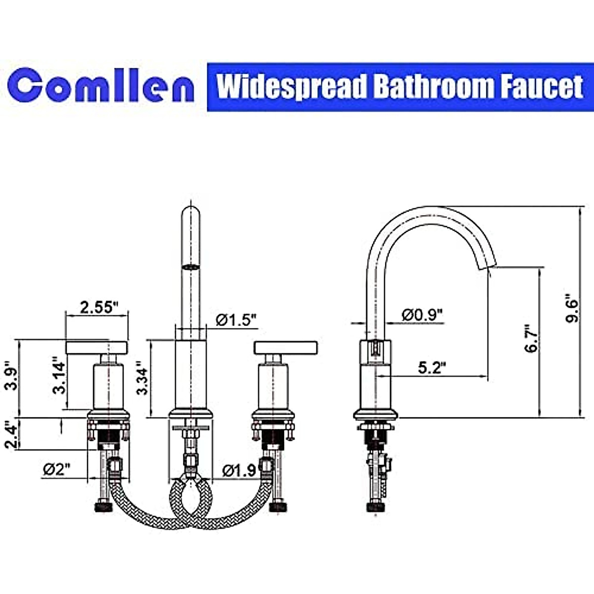 Comllen 3 Hole Widespread Brushed Nickel Bathroom Faucet, Modern 2 Handle Bathroom Faucet for Sink 8 Inch Laundry Basin Vanity Faucet with Pop-up Drain and Water Supply Lines