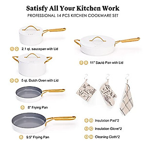 Ceramic Pots and Pans Set - Nonstick Non Toxic Cookware Set, PFOA Free, Induction Cookware With Dutch Oven, Frying Pan, Saucepan, Sauté Pan, Luxe Gold Pots and Pans for Cooking Set Gifts