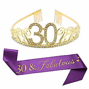 30th Brithday Gold Tiara and Sash, 30 & Fabulous Glitter Satin Sash and Crystal Rhinestone Birthday Crown for Happy 30th Birthday Party Supplies Favors Decorations 30th Birthday Cake Topper