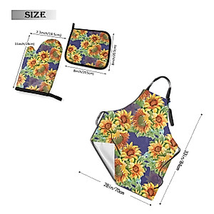 Oplp Watercolor Sunflowers Summer 3 Piece Kitchen Set Waterproof Apron with Oven Mitt and Pot Holder Cooking Adjustable Apron Microwave Glove Potholder