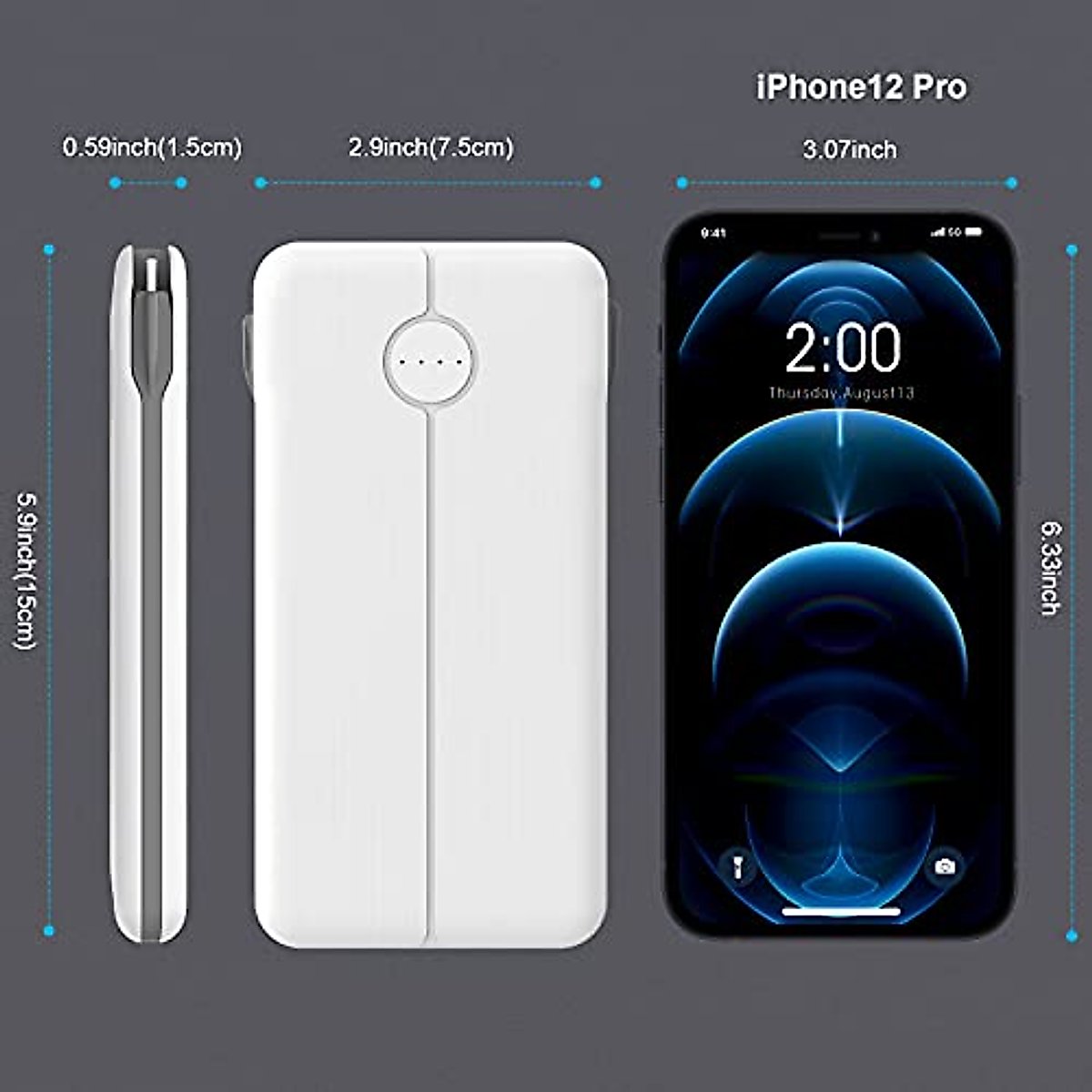 GiieeGii Portable Charger with Built in Cable, 10000mAh Power Bank with Type-C 3 Kinds Cables and USB Output Cell Phone Battery Backup Compatible with iPhone Android Smartphones