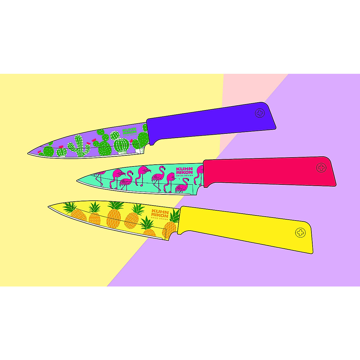 KUHN RIKON Tropics Flamingo Colori+ Non-Stick Straight Paring Knife with Safety Sheath, Stainless Steel