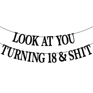 Happy 18th Birthday Banner, Officially Adulting 18, 18 and Adultish, Time to Adult, Adults 18th Birthday Party Decorations Hanging Backdrop Gifts Black Glitter