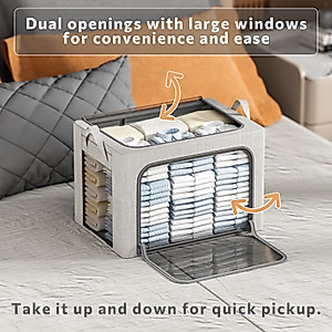 Clothes Storage Bins with Metal Frame-3 Pack Foldable Storage Organizer Bin for Clothes Linen Fabric Storage Box with Lid ＆Clear Window (Light Grey, 15.7x11.8x7.8inch(22L))