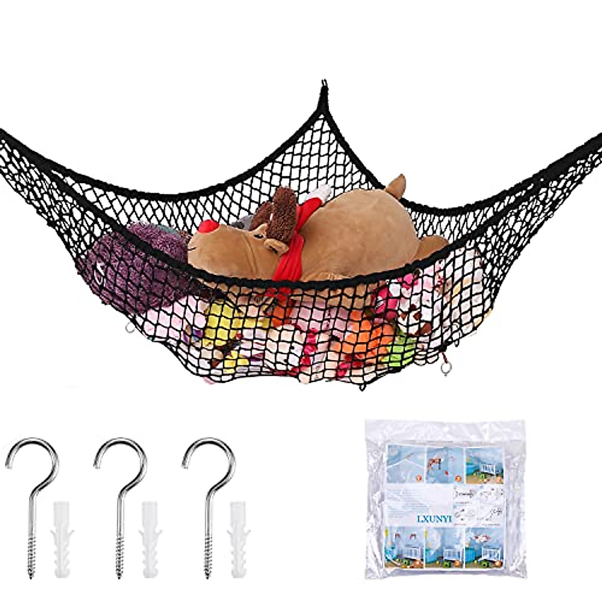 Stuffed Animal Hammock, Toy Hammock Storage Net, LXUNYI Mesh Toy Net Holder Jumbo Wall Corner Giant Baby Kids Children Stuff animals Hammocks Net Organizer for Bedroom (Black, 84 inch)