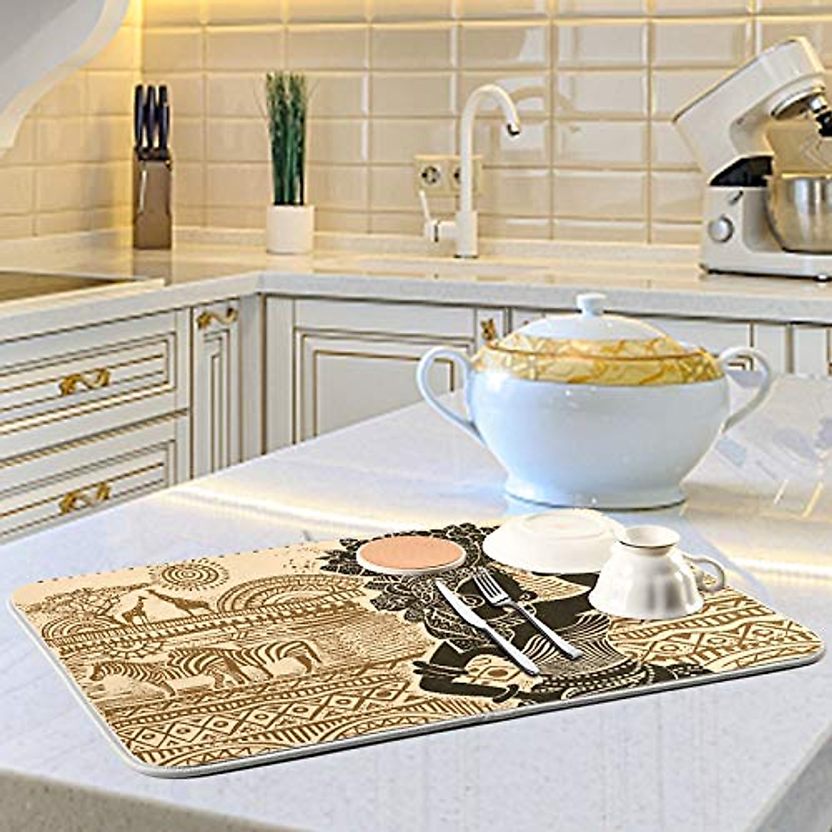 African Woman Silhouette Dish Drying Mat 24"x18" Absorbent Machine Washable Hanging Fast Dry Pad Dish Protective Mat for Kitchen Countertop Heat Resistant Dinner Table Mat
