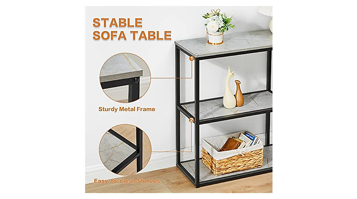 WOHOMO 40" Grey Marble Console Table - Slim 3-Tier Storage