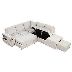 L-Shaped Corner Sectional Sofa Couch, Modern Padded Modular Sofa with Storage Space, USB Ports and Cup Holders on The Armrests, Suitable for Living Rooms, Offices, Apartments (Beige-87WD)