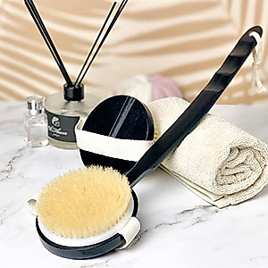 OWIIZI Black Bath Brush Wooden Curved Long Handle Body Brush for Exfoliating, Large Surface Natural Soft Bristle Shower Scrubber for Back Use Wet or Dry