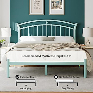 iPormis Full Size Metal Platform Bed Frame with Modern Iron-Art Headboard/Heavy Duty Steel Slats Support/Under Bed Storage/No Box Spring Needed/Easy Assembly/Noise-Free/Mint Green