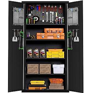 Superday 6-Tier Garage Storage Cabinet with Pegboard, 71" Metal Multifunctional Storage Cabinet with Doors and Shelves, Locking Cabinet with Adjustable Shelf for Warehouse, Basement
