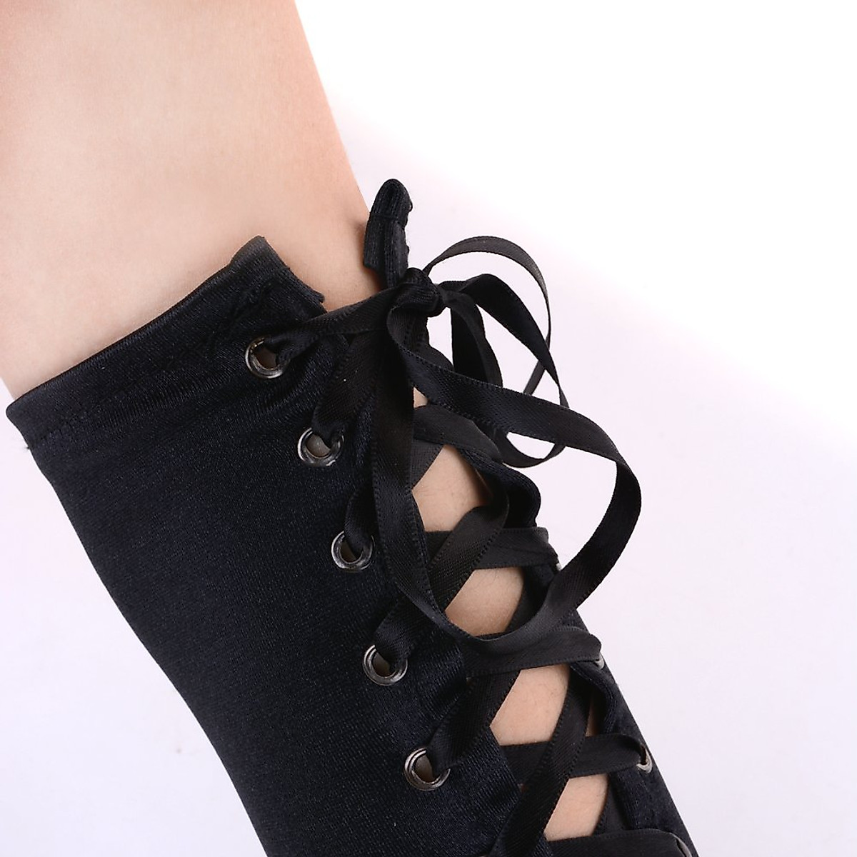 JISEN Womens Full Length Fingerless Lace Up Arm Warmer Satin Gloves Black