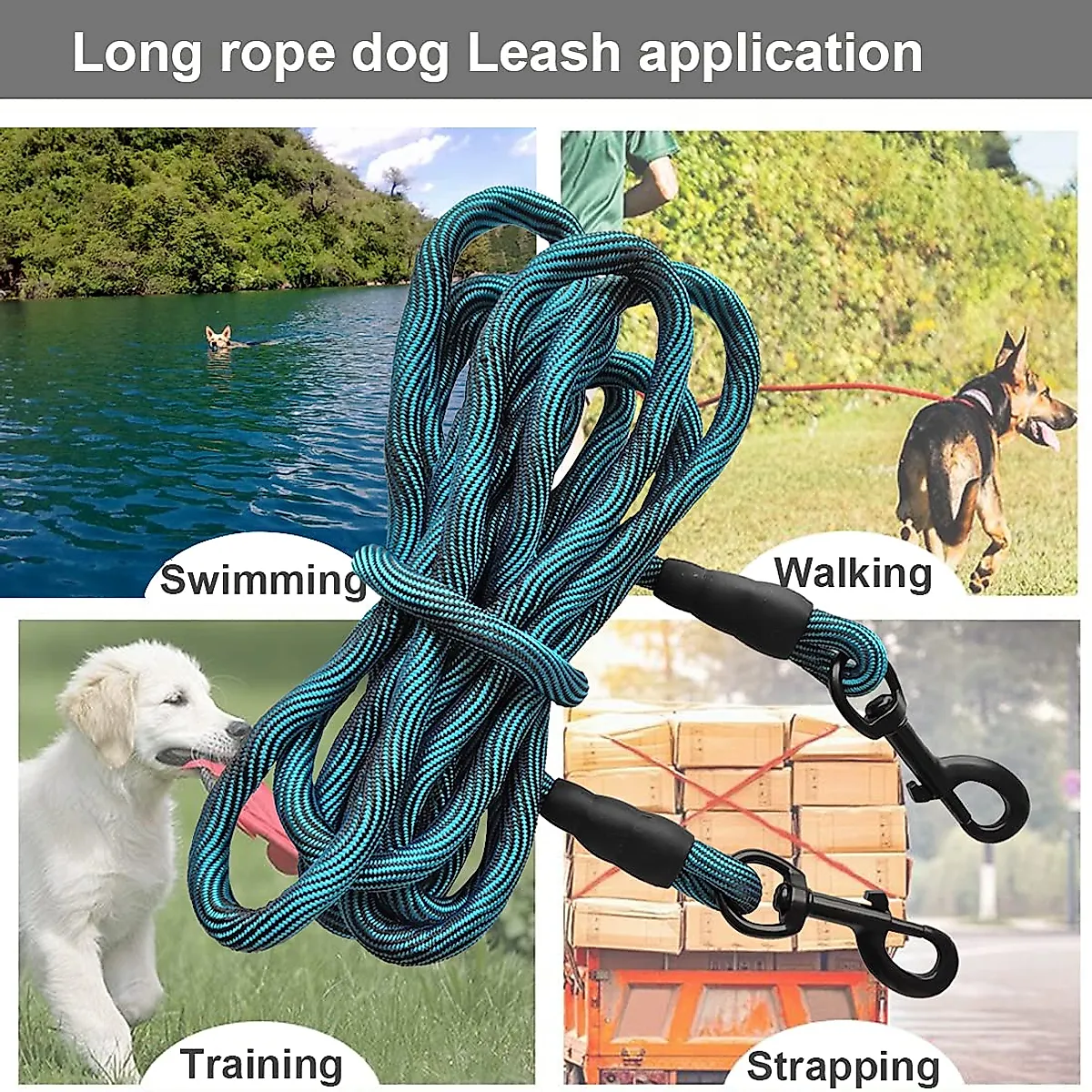 BTINESFUL Tie-Out Check Cord Long Rope Dog Leash, 12ft 20ft 30ft 50ft Recall Training Lead Leash- Great for Large Medium Small Dogs Training, Playing, Camping, or Backyard (30ft, Blue Black)