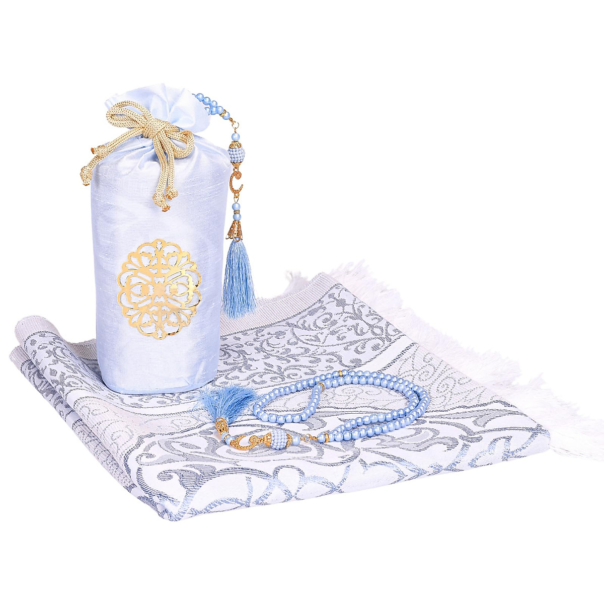 Prien Prayer Rug with Tasbih Bag for Pray, Muslim Gifts Bayram, Mat Salah, Sajadah for Women & Men, Islamic Gift Set for Islam Ramadan, Prayer, Praying, Eid, Quran (Blue)
