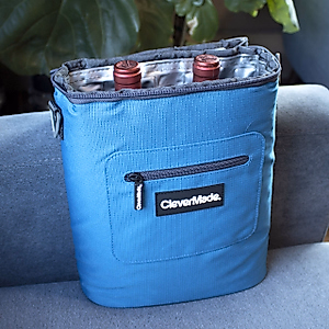 CleverMade Wine Bottle and 6 Pack Cooler Bag; Insulated Leakproof Tote with Removable Ice Pack and Corkscrew Bottle Opener, Teal