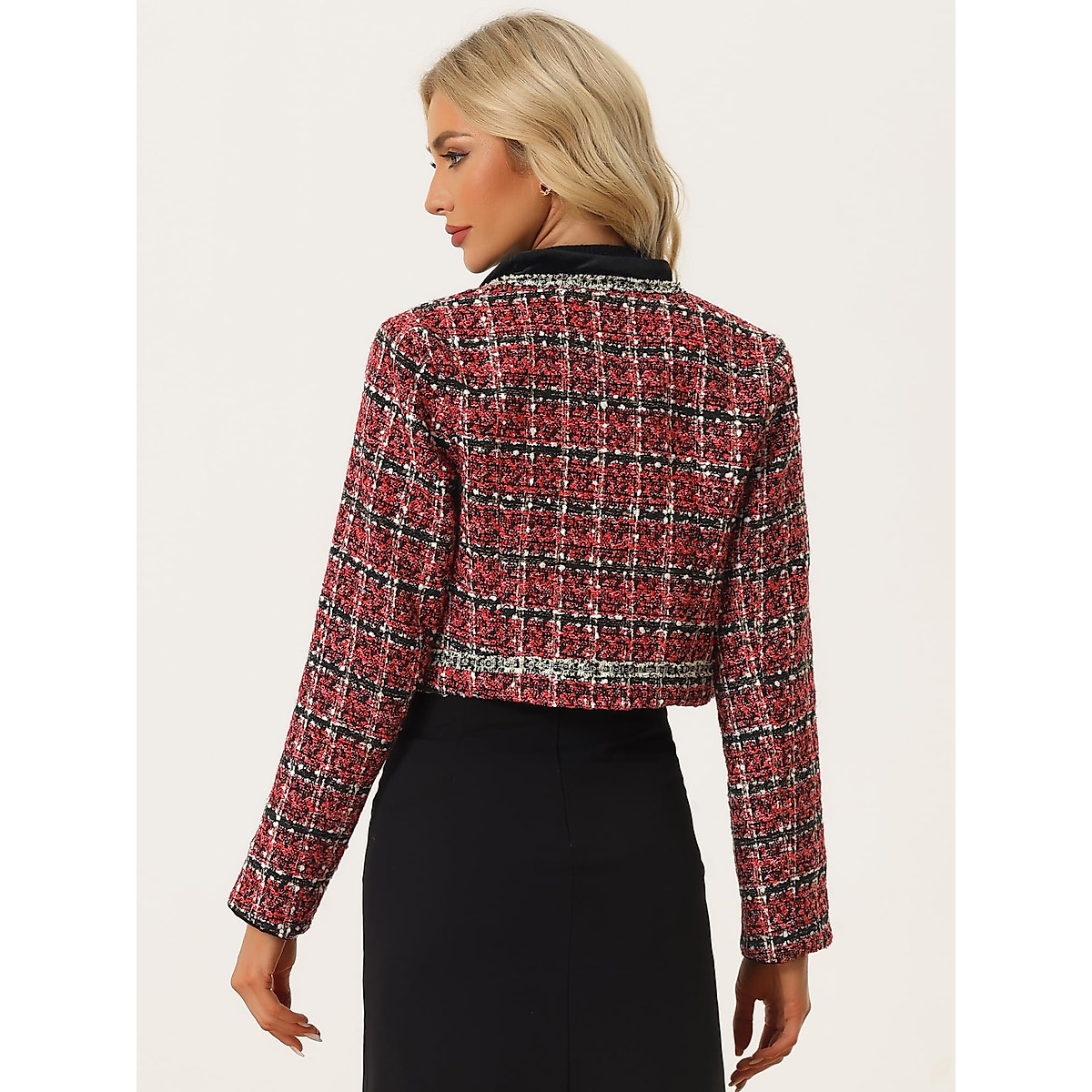 Allegra K Tweed Jacket for Women's Christmas Open Front Office Elegant Crop Blazer Large Red