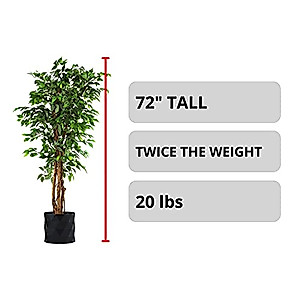 Deluxe 6 Feet Tall FICUS Silk Leaf Artificial Tree + 8" Base + 12" Plant Pot Skirt. 18 Feet of Vine Adorn Wide Real Trunks with Green Leaves Allowing Maintenance Free in-Door and Outdoor Use