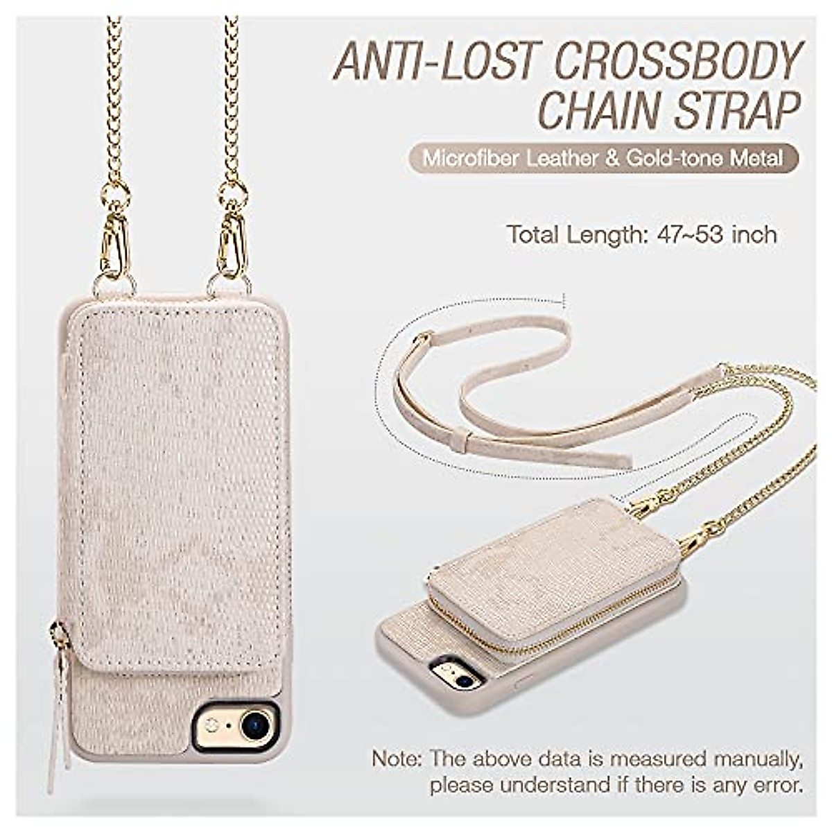 iPhone SE 2022 Wallet Case, iPhone 8 Crossbody Case, ZVEdeng Zipper Wallet Card Holder Crossbody Strap Case Shockproof Leather Purse Case for iPhone SE 3rd Gen (2022) 2020/8/7 4.7'' Lizard Skin Beige