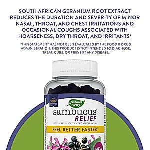 Nature’s Way Sambucus Relief Gummies, Feel Better Faster**, Reactive Support, Clinically Proven South African Geranium, with Elderberry, Vitamin C & Zinc, 60 Gummies