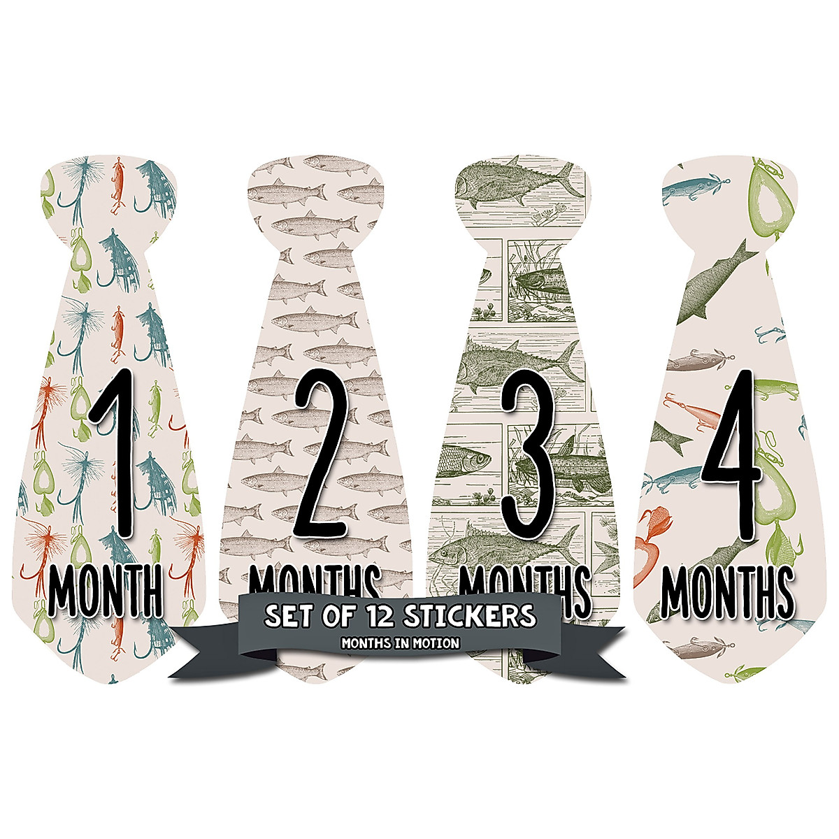 Months In Motion Monthly Baby Tie Stickers - Boy Month Milestone Necktie Sticker - Onesie Month Sticker - Infant Photo Prop for First Year - Shower Gift - Newborn Keepsakes - Fish Fishing
